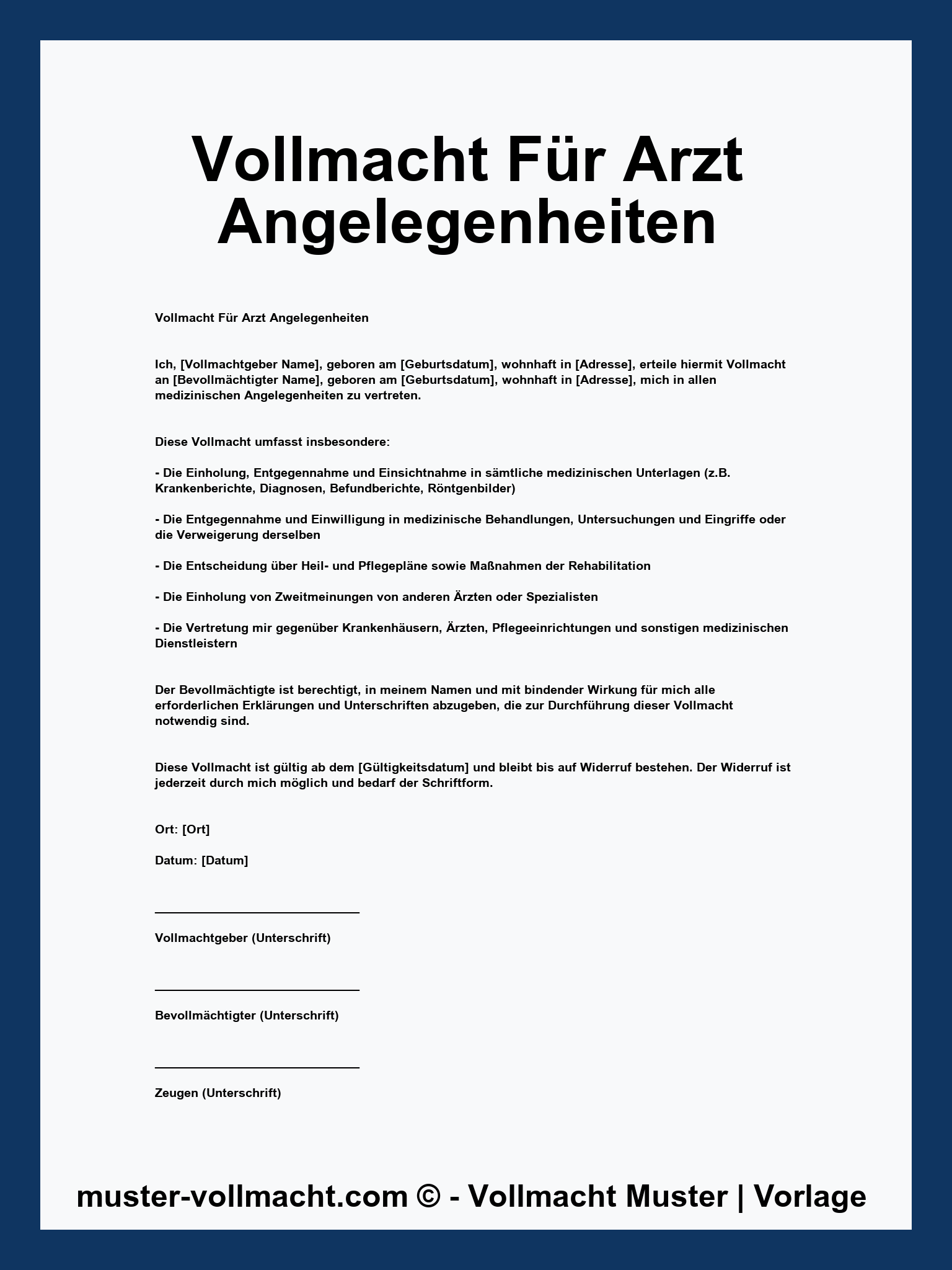 Kostenlose PDF-Vorlage: Muster Vollmacht Arzt Beispiel